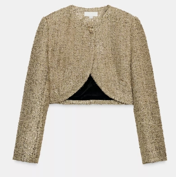 Zara | Jackets & Coats | Zara Metallic Thread Textured Cropped Jacket ...